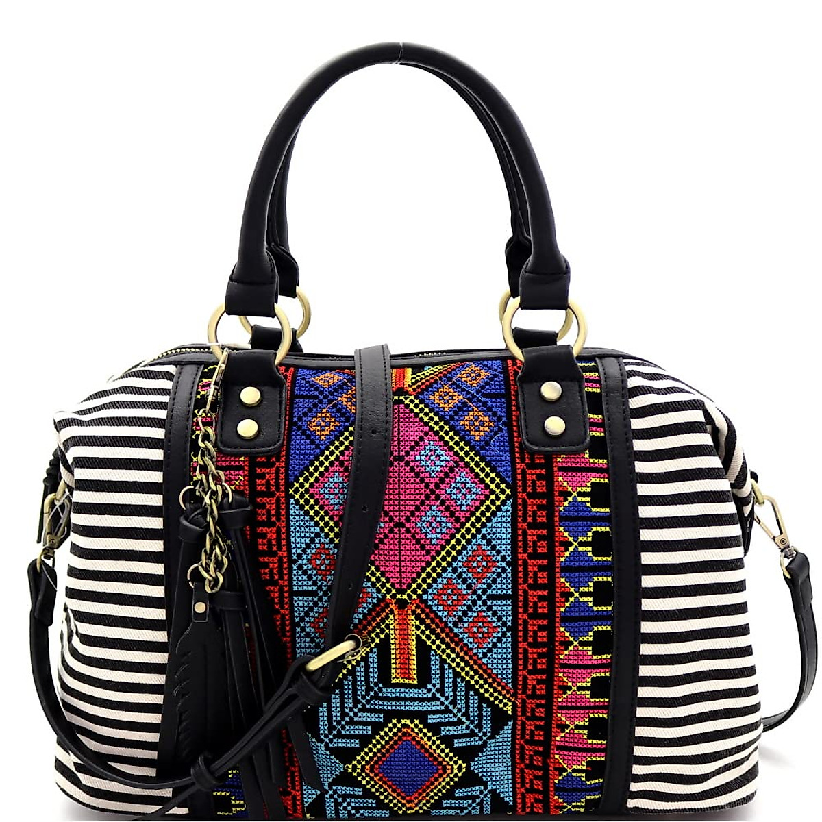 Boho Tassel Leaf Charm Aztec & Stripe Embroidered Canvas Satchel Tote Handbag Purse (Embroidered Satchel - Black/Black)