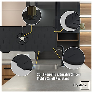 Crystonic Faucet Sink Splash Guard Drain Mat, Dish Soap Sponge Dispenser Brush Holder, Kitchen Bathroom Gadgets & Accessories, Soft & Non-Slip Premium Silicone－Black (14.33" x 5.51")