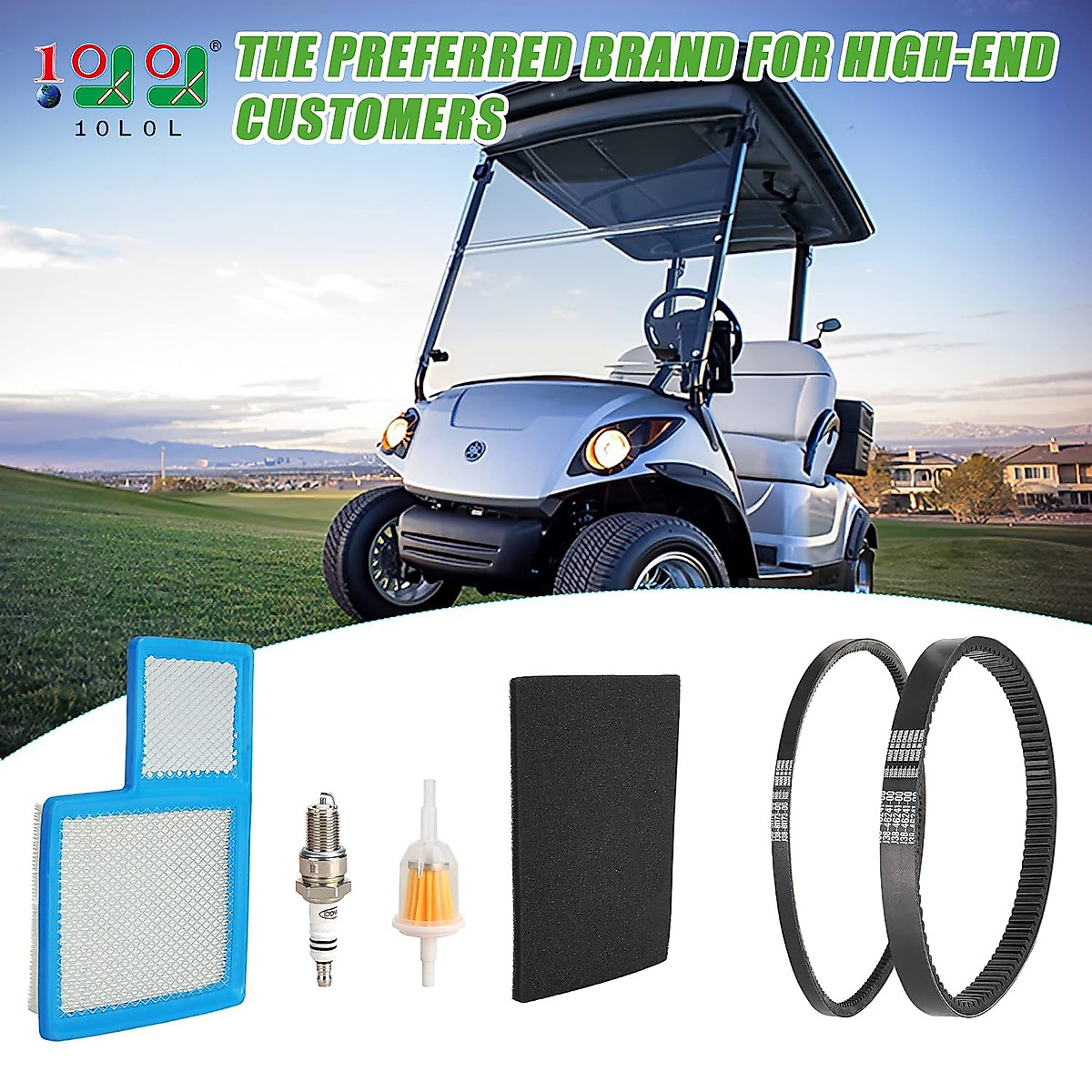 10L0L Golf Cart Tune Up Kit with Starter Generator Belt & Drive Belt for Yamaha 1996-up G16 G19 G22 & 2012-up G29 Gas Model W/ 4 Cycle 301cc 357cc Engine Air Filter Pre Filter Fuel Filter Spark Plug