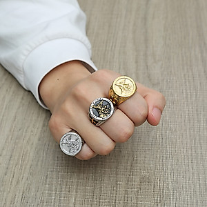 HZMAN St. Michael San Miguel The Great Protector Archangel Defeating Satan Figurine Stainless Steel Amulet Ring (Gold-A, 10)