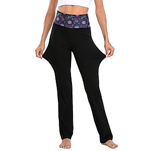 HDE Women's Color Block Fold Over Waist Yoga Pants Flare Leg Workout Leggings Dreamcatcher/Black - XL