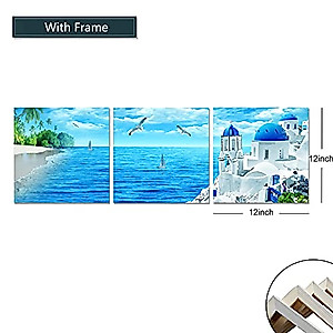 PINKNORDIC Santorini Landscape Beach Canvas Wall Art Mediterranean Blue Churches Seascape Nordic Style Canvas Painting Prints for Home Living Bathroom Wall Decor 12x12inchX3pcs