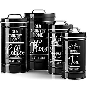 DAYYET Black Canisters Sets for the Kitchen, Airtight Kitchen Canisters for Countertop, Flour and Sugar Containers, Tea Coffee Sugar Canister Set, Black Kitchen Decor and Accessories, Set of 4