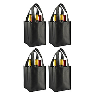Reusable Non-Printed Wine Tote- 4 Pack (Black, 4 Bottle)