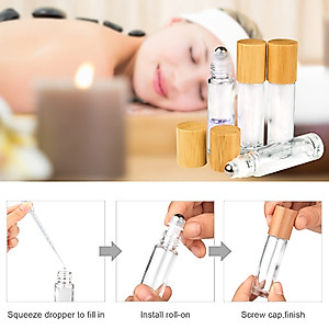 Clear Refillable Glass Empty Roll on Bottles Roller Bottle,10ml Bamboo Roll On Bottle For Essential Oils Perfume Sample Bottles With Stainless Steel Roller Ball &Bamboo Cap,12pcs