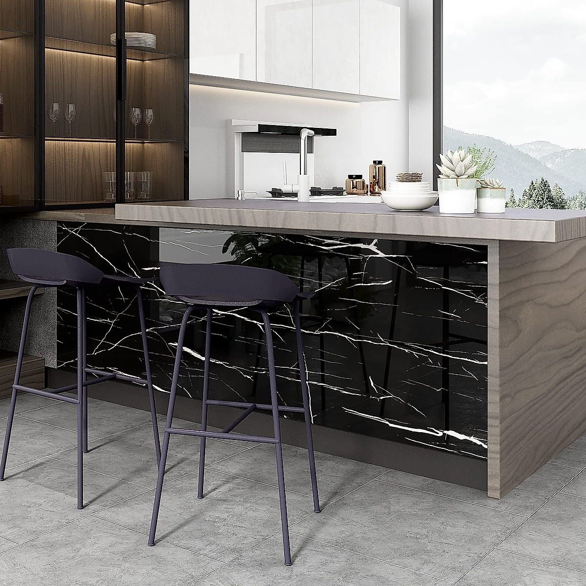 FUKU MON 24"x394" Black Marble Wallpaper Marble Contact Paper for Countertops Peel and Stick Countertops Self Adhesive Waterproof Removable Granite Wallpaper Stick on Wallpaper Kitchen Bathroom