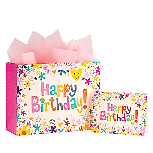 Loveinside Pink Flower Gift Bag with glitering Happy Birthday Printed Medium Size with Tissue Paper, Tag, Greeting Card for Birthday - 13" x 5" x 10" - Pink Flower