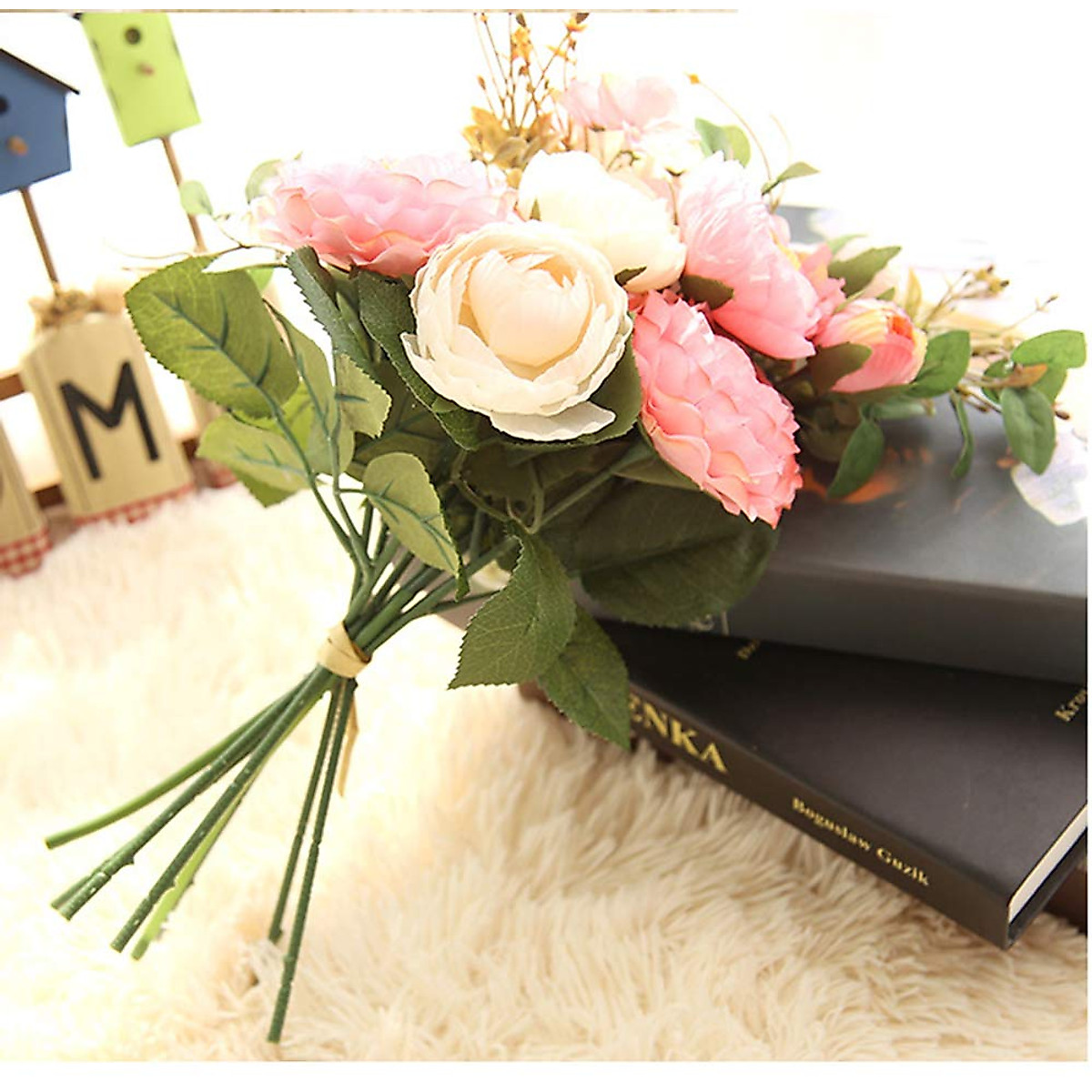 Artfen Artificial Flowers Fake Silk Hydrangea Flower Simulation Hand Tied Bouquet Lu Lotus Bouquet for Home Hotel Office Wedding Party Garden Craft Art Decor Approx 8.5" in Diameter Pink 2