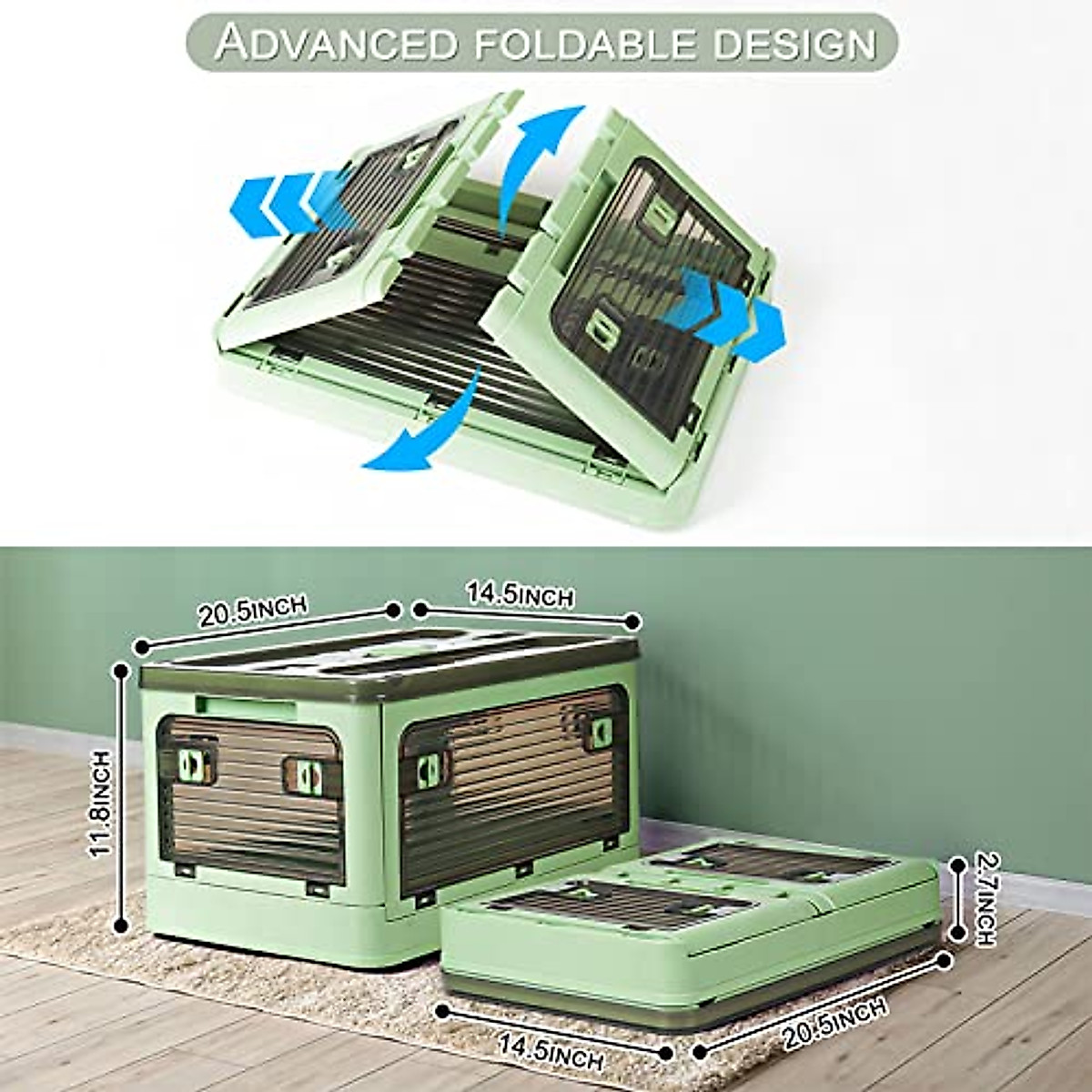 ZJTL 56 Quart Collapsible Storage Bins,Transparent Storage Bins with Wheels,Stackable Storage Bins with Lids,Plastic Storage Container with 5 Doors for Clothes, Toy, Books and Grocery (56Qt, Green)