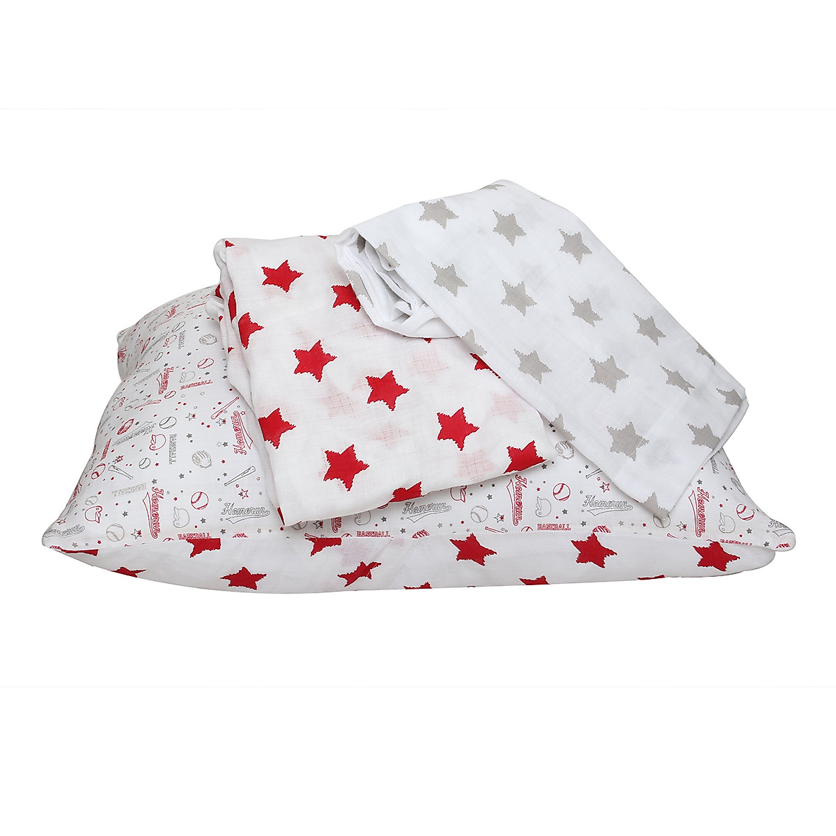 Bacati - Muslin Sports 4 Piece Boys Toddler Bedding Set 100 Percent Cotton Includes Reversible Comforter, Fitted Sheet, Top Sheet, and Pillow Case (4 pc Toddler Bedding Set, Baseball Red/Grey)