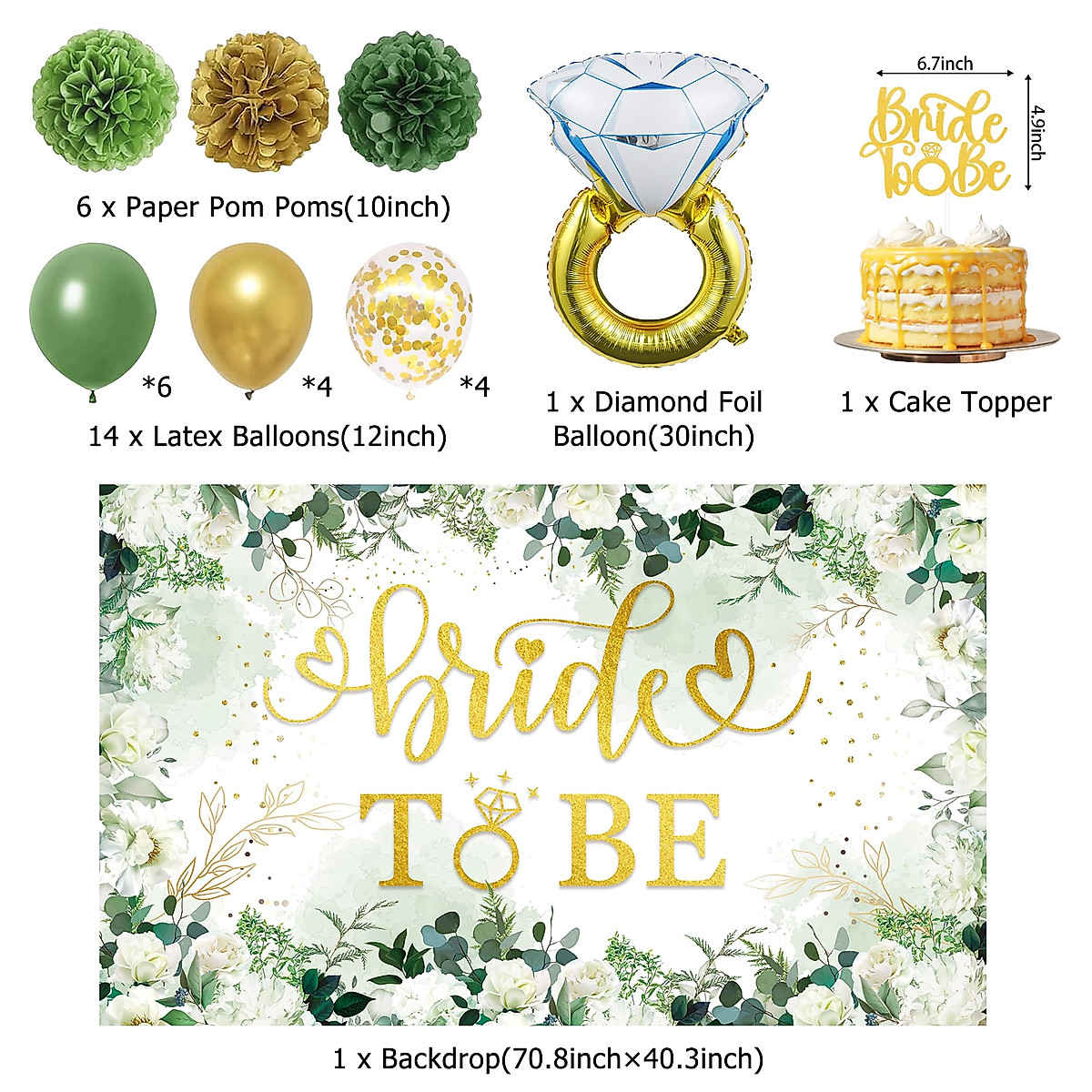 DARUNAXY Sage Green Bachelorette Party Decorations, Bride to Be Banner, Bride Veil Tiara & Crown Bridal Shower Balloons Cake Topper Paper Pom Poms Party Supply for Hen Bachelorette Party(34PC)