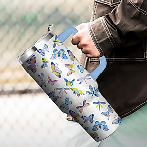 Ksoemar 40 Oz Butterfly Tumbler with Handle and Straw, Double Wall Stainless Steel Cup, Butterfly Tumbler with Lid and Straw, 40 Oz Water Bottle and Mugs for Women Gifts