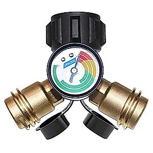 DOZYANT Propane Tank Y Splitter Adapter Gauge, Propane 2 Way LP Gas Adapter Tee Connector Adapter for 5lb to 40lb Propane Tank Cylinder, Universal for Gas Grill, RV Camper, More Appliances