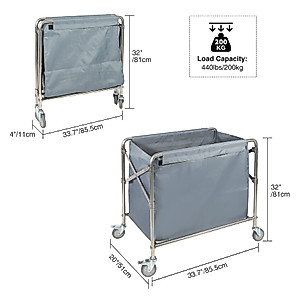 ALBOMI Collapsible Commercial Laundry Cart with Wheels, Large Folding Stainless Steel Laundry Hamper, Industrial Rolling Waterproof Laundry Basket for Hotel Hospital School Home, 440LB Load, Gray