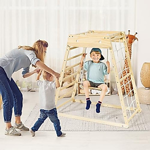 Climber,Indoor Playground Wood Playset 7-in-1 with Jungle Gym, Ramp, Slide, Swing, Swedish Ladder, Pine Wood, Rock Wall Dome for Kids Ages 1+