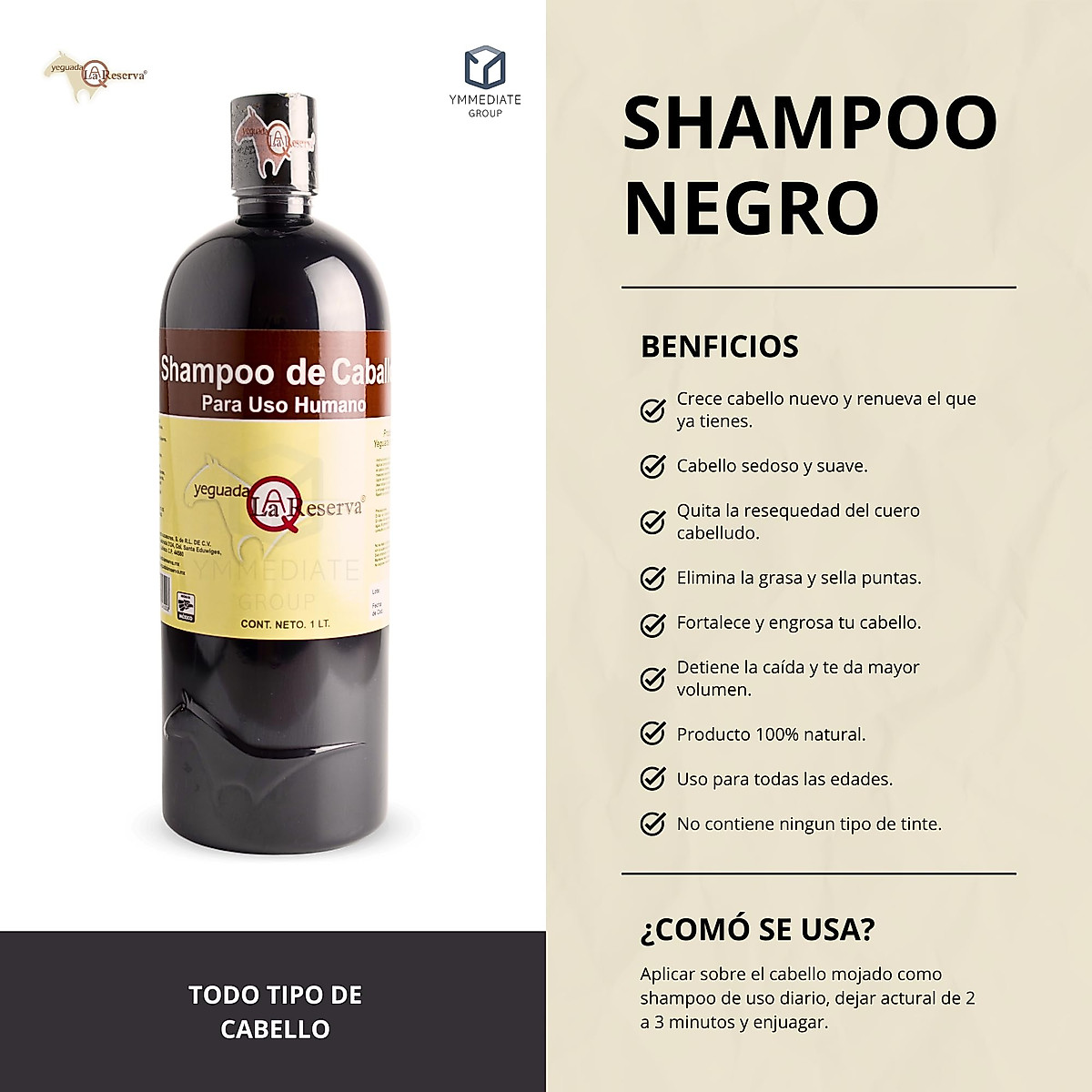 Yeguada La Reserva Shampoo de Caballo Negro (1 liter Bottle) For Strong, Healthy And Beautiful Hair (For Dark to Black Colored Hair)