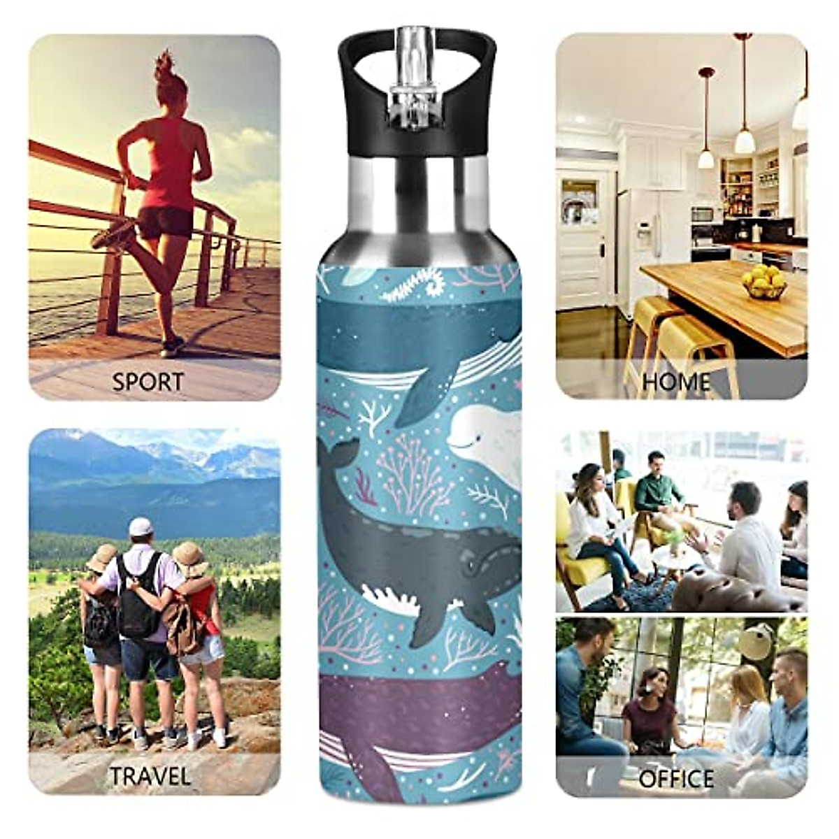 xigua Whale Water Bottle with Straw Lid Vacuum Insulated Stainless Steel Thermo Flask for Sports Cycling Hiking School Home,20 oz.