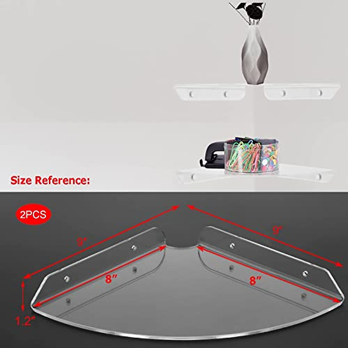 Cosmos 2 Pcs Acrylic Wall Mount Floating Corner Shelves Quarter Round Shower Shelf Hanging Corner Shelves Wall Storage Display Organizer for Bathroom Kitchen Bedroom Living Room (Transparent Clear)