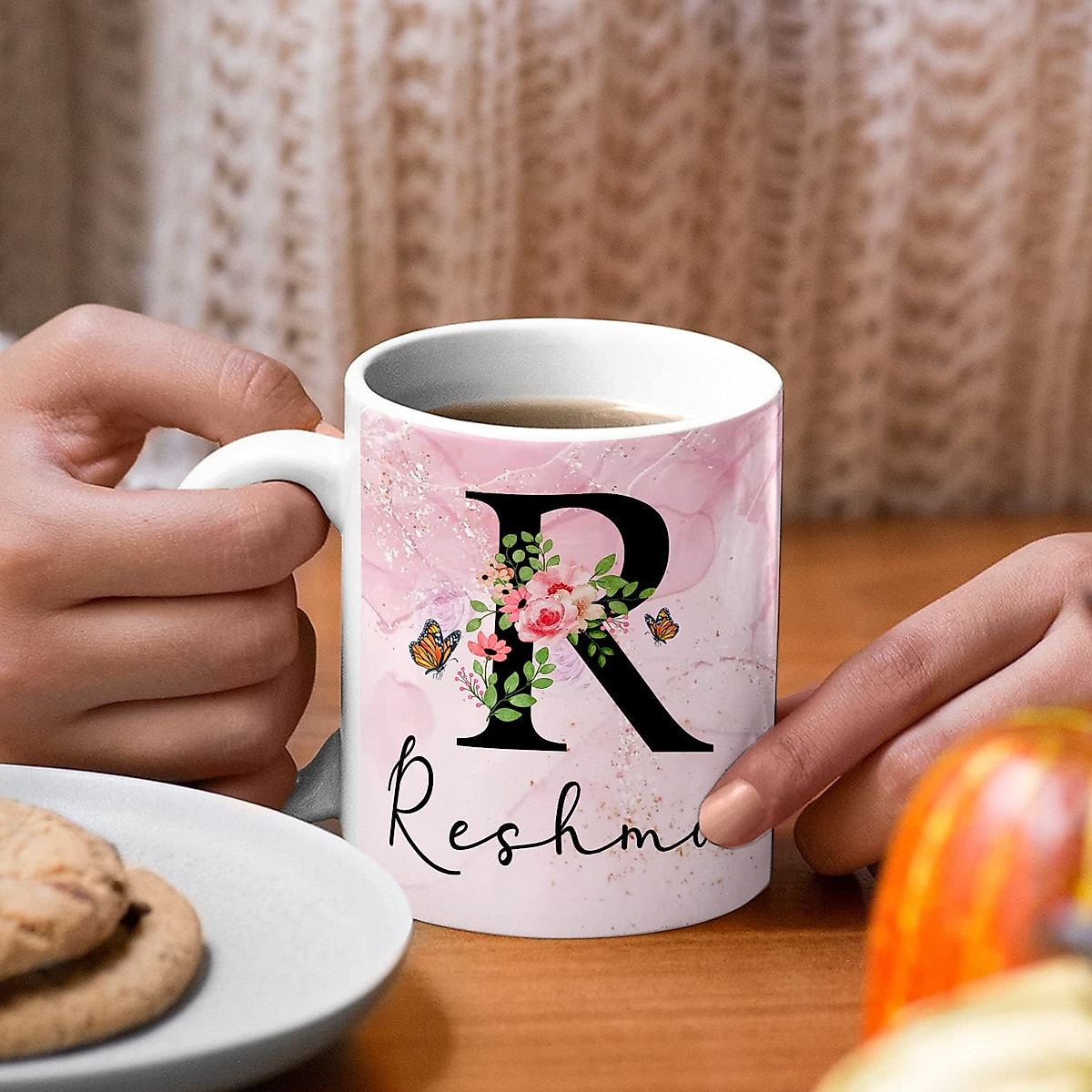 Personalized Name & Initial Monogram Floral Pink Pattern Alphabet White Coffee Mug Cup, Initial Monogram Travel Mug Gift For Women