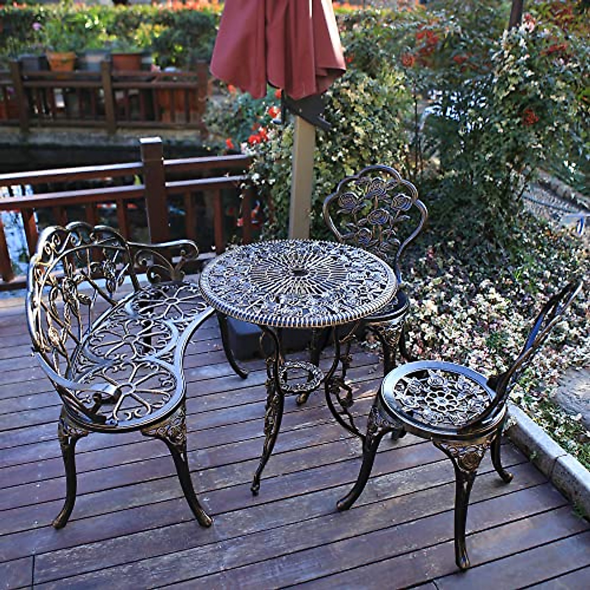 KAI LI 4-Piece Balcony Tables and Chairs, 1 Table, 2 Round Chairs and 1 Bench, Metal cast Aluminum, Bistro Suit, Garden Bench, Rose Pattern (Bronzed)