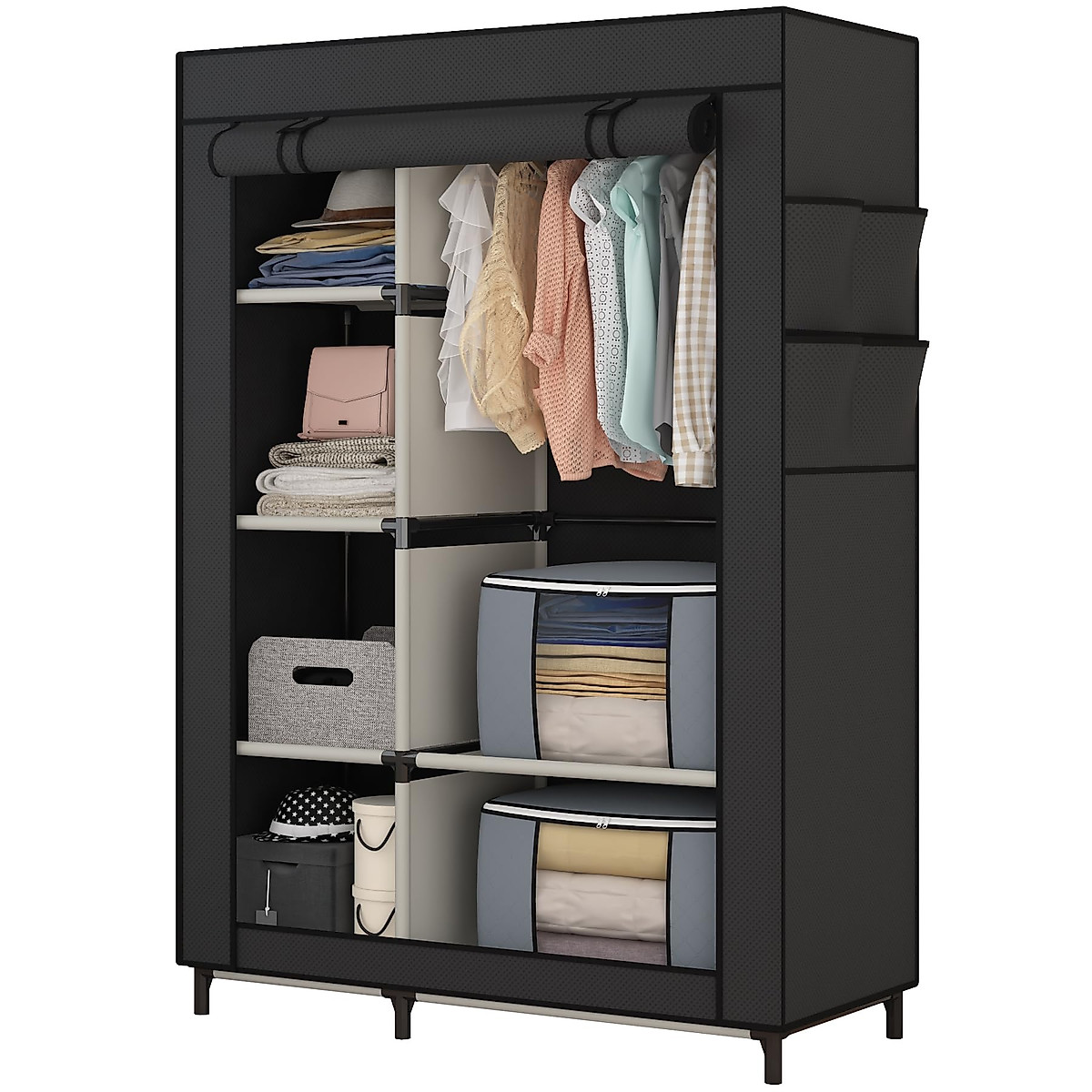 Calmootey Portable Closet, Wardrobe with 6 Shelves and Hanging Rod, Storage Organizer for Bedroom, Non-Woven Fabric Cover with 4 Side Pockets, Includes 2 Storage Bags for Clothes, Black