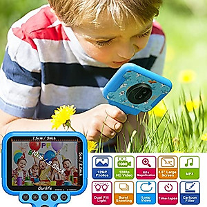 Ourlife Kids Camera for Boys, 1080p FHD 60x Macro Kids Selfie Camera with Magnifier Function, Digital Video Camera - Large 3.5-inch Screen with 16GB TF Card, Excellent Gift for Ages 6+ (Blue)