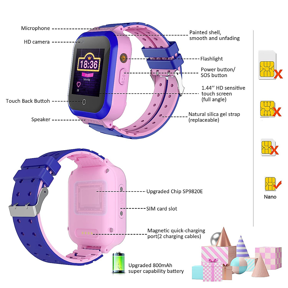 Kids Smart Watch, 4G WiFi GPS LBS Tracker SOS Emergency Call Video Chat Children Smartwatches, IP67 Waterproof Phone Watch for Age 4-12 Boys Girls, Compatible with Android/iPhone iOS (Pink)