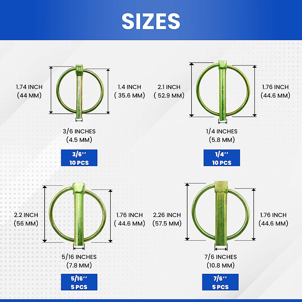 Pinailer 30 Pcs of Lynch Pin Assortment Kit— for Trucks, Tractors, Trolleys, Lawn Mowers, & Trailers of 3/16”x1-7/16”, 1/4”x1-3/4”, 5/16”x1-3/4”, & 7/16”x1-3/4”