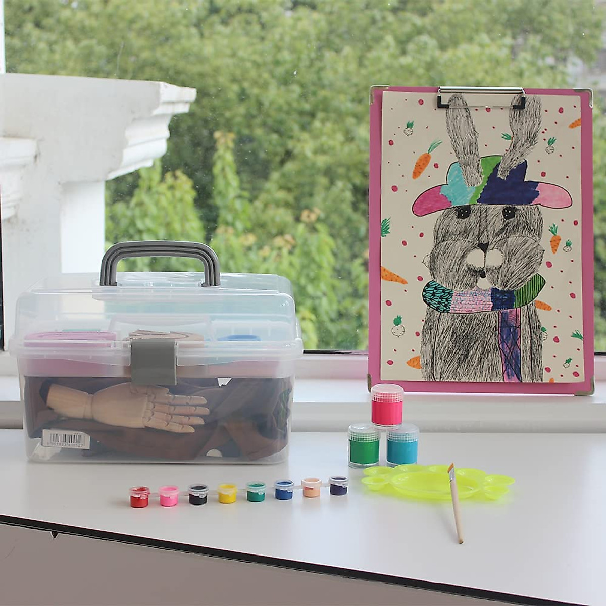 BangQiao Multipurpsoe Plastic Art Craft Storage Container Box Case with Handle and Removable Tray, Clear&Gray