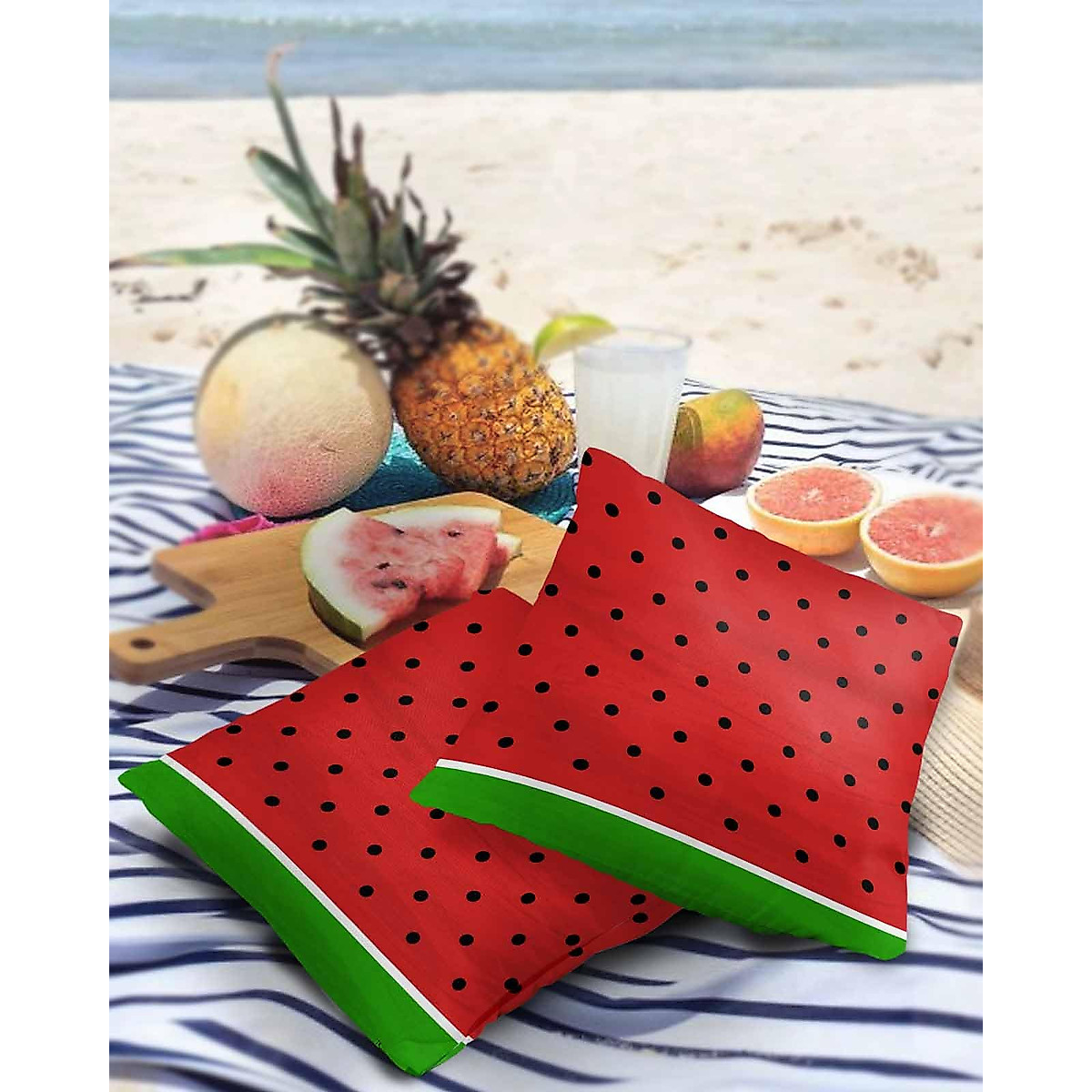 Lsrtoss Watermelon Outdoor Waterproof Pillow Covers, Black Polka Dots Green Summer Fruits Decorative Square Throw Pillowcase Sofa Cushion Sham for Patio/Couch/Chair, 18""x18"" 2 Pack, Summersrs49779