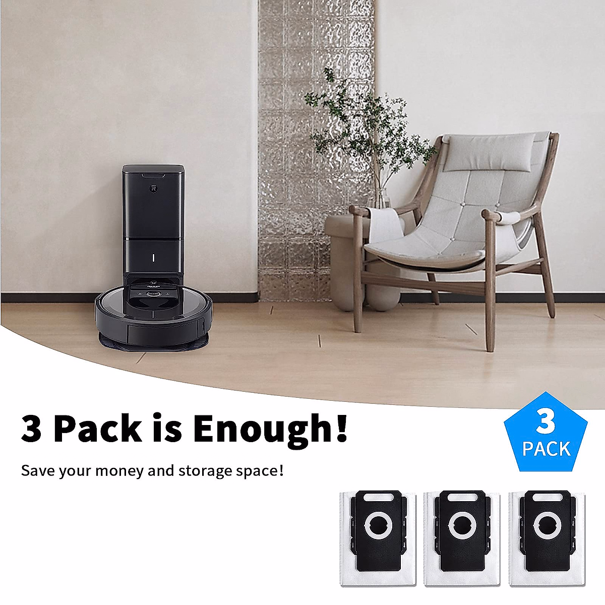 CHIKIXSON Reusable Vacuum Bags for All iRobot Roomba I & S & J Series Clean Base, 3 Pack, Zipper