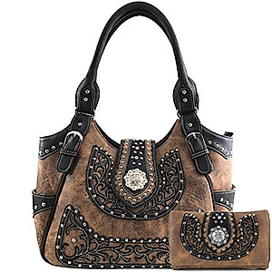 Zelris Western Albino Western Floral Buckle Conceal Carry Women Tote Purse Handbag with Crossbody Wallet Set (Brown)