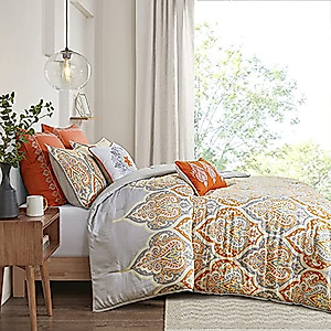 Madison Park Nisha Sateen Cotton Comforter Set, Breathable, Soft Cover, Trendy, All Season Down Alternative Cozy Bedding with Matching Shams, King/ California King, Orange 7 Piece