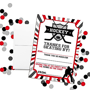 Kids Thank You Cards Black & Red Hockey Birthday Party Thank You Notes, Ten 4" x 5.5" Fill-In The Blank Cards with 10 White Envelopes by AmandaCreation