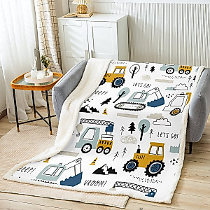 Cartoon Car Kids Fleece Throw Blanket Construction Sherpa Blanket Decor Equipment Trucks Plush Blanket Cartoon Car Excavator Tractor White Yellow Fuzzy Blanket Bedroom Flannal Blanket Queen 90"x90"