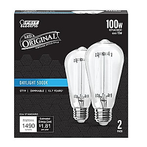 Feit Electric ST19 Vintage Edison LED Light Bulb, 100W Equivalent, Dimmable, 5000K Daylight, 1490 Lumens, E26 Base, Retro Filament Light Bulbs, 15,000-Hour Lifetime, ST19100CL/950CA/2, 2 Pack