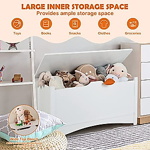 Costzon Wooden Toy Box, 36” Kids Large Storage Trunk Bench Organizer with Safety Hinges, Children's Home Playroom Bedroom Furniture, Easy Assembly, Toy Chest for Girls, Boys (White)