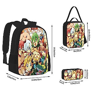 ORPJXIO Backpack 3 Piece Set The Seven Anime Deadly Sins Laptop Backpack Pencil Case Lunch Bag Combination For Travel Work Camping
