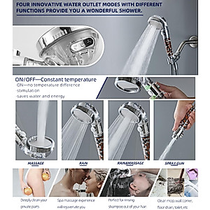 Filtered Shower Head,High Pressure Mineral ShowerHead with Beads Filter for Hard Water,4-Mode,Removable to Prevent Blockage,With Hose Holder Water-Saving Valve and Water Outlet Panel,For Dry Skin&Hair