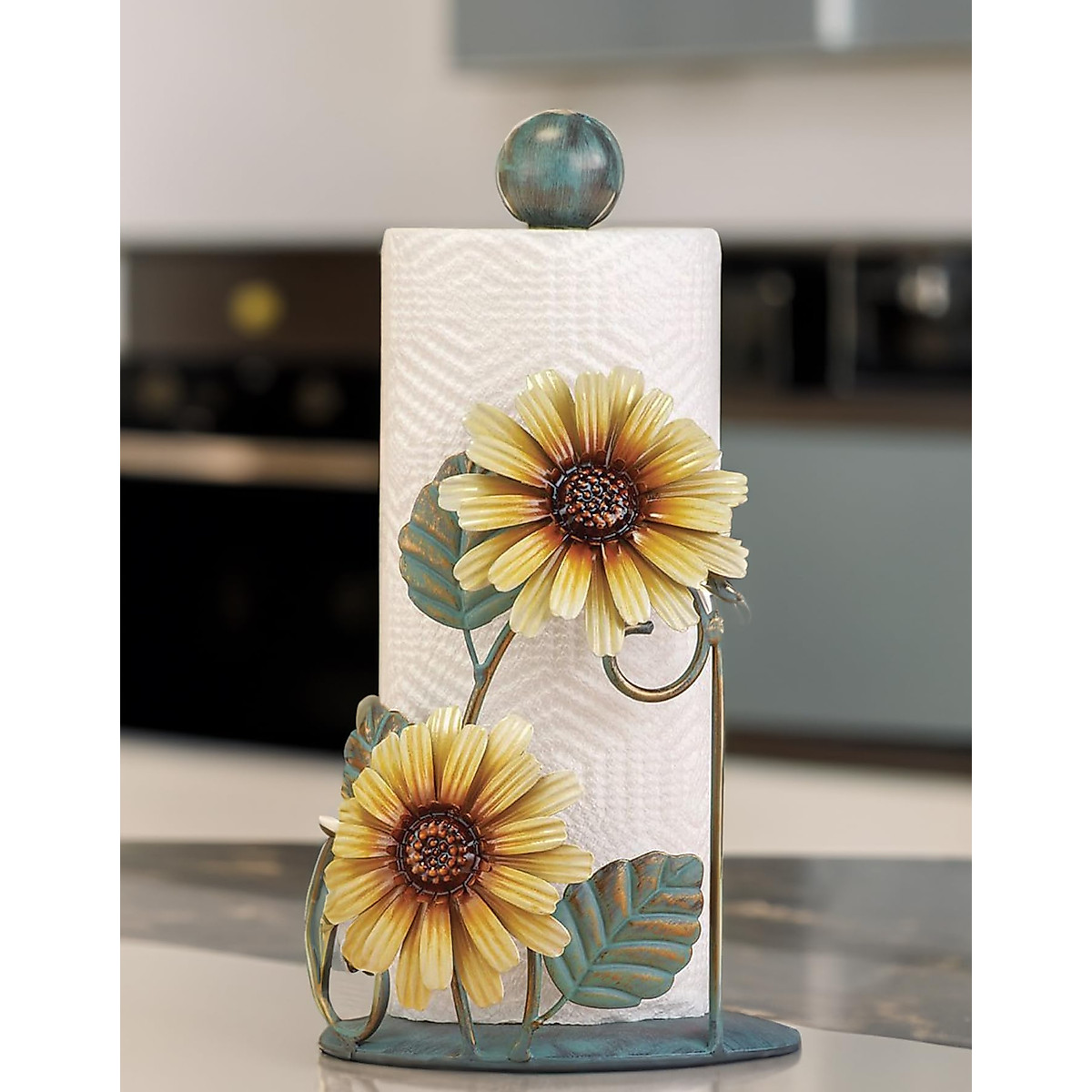 Sunflower-Themed Paper Towel Holder- Indoor Decorative Accent and Practical Accessory for Kitchen & Dining-Beautifully Designed Rustic Farmhouse Stand for Countertops,Complementing Sunflower Dish Sets