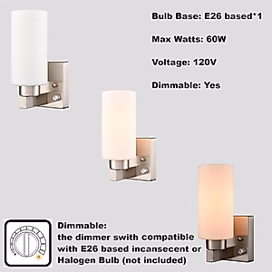 DEYNITE Modern Plug in Wall Sconce with Cord Brushed Nickel Bathroom Vanity Light with Milky White Cylinder Glass Shade Set of 2