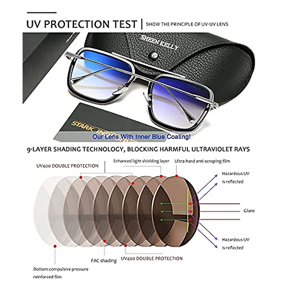 SHEEN KELLY Retro Tony Stark Sunglasses Vintage Square Metal Pilot Eyeglasses Men Women Spider Man