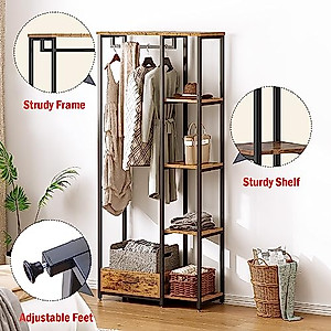 soges Free-Standing Garment Rack, Clothing Rack Clothes Organizer with 5-Tier Shelves,Hanging Rod and Drawer, Open Wardrobe Closet Storage Organizer,Portable Coat Rack, 10JYBJCR03TK