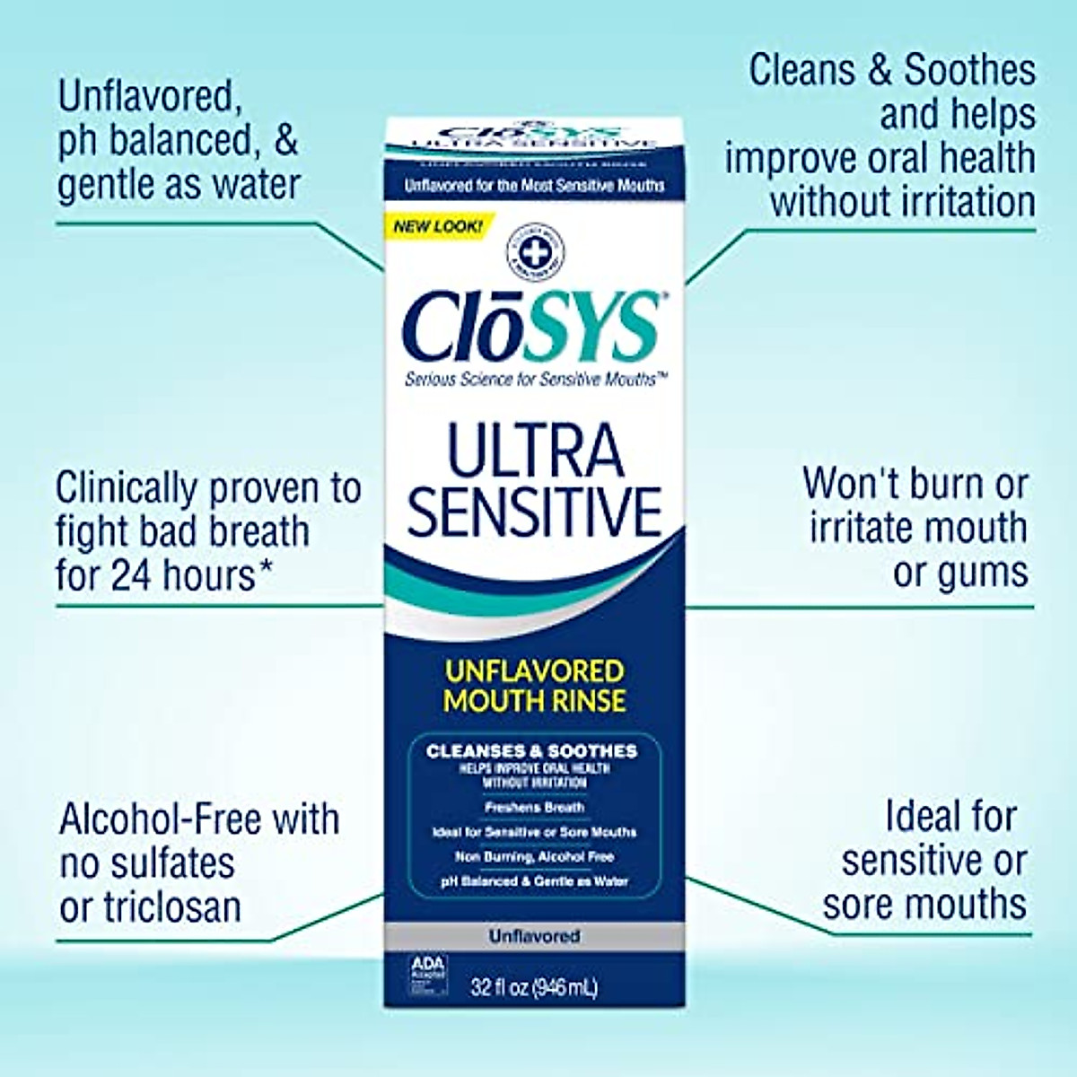 CloSYS Ultra Sensitive Mouthwash, 32 Ounce (Pack of 2), Unflavored (Optional Flavor Dropper Included), Alcohol Free, Dye Free, pH Balanced, Helps Soothe Entire Mouth