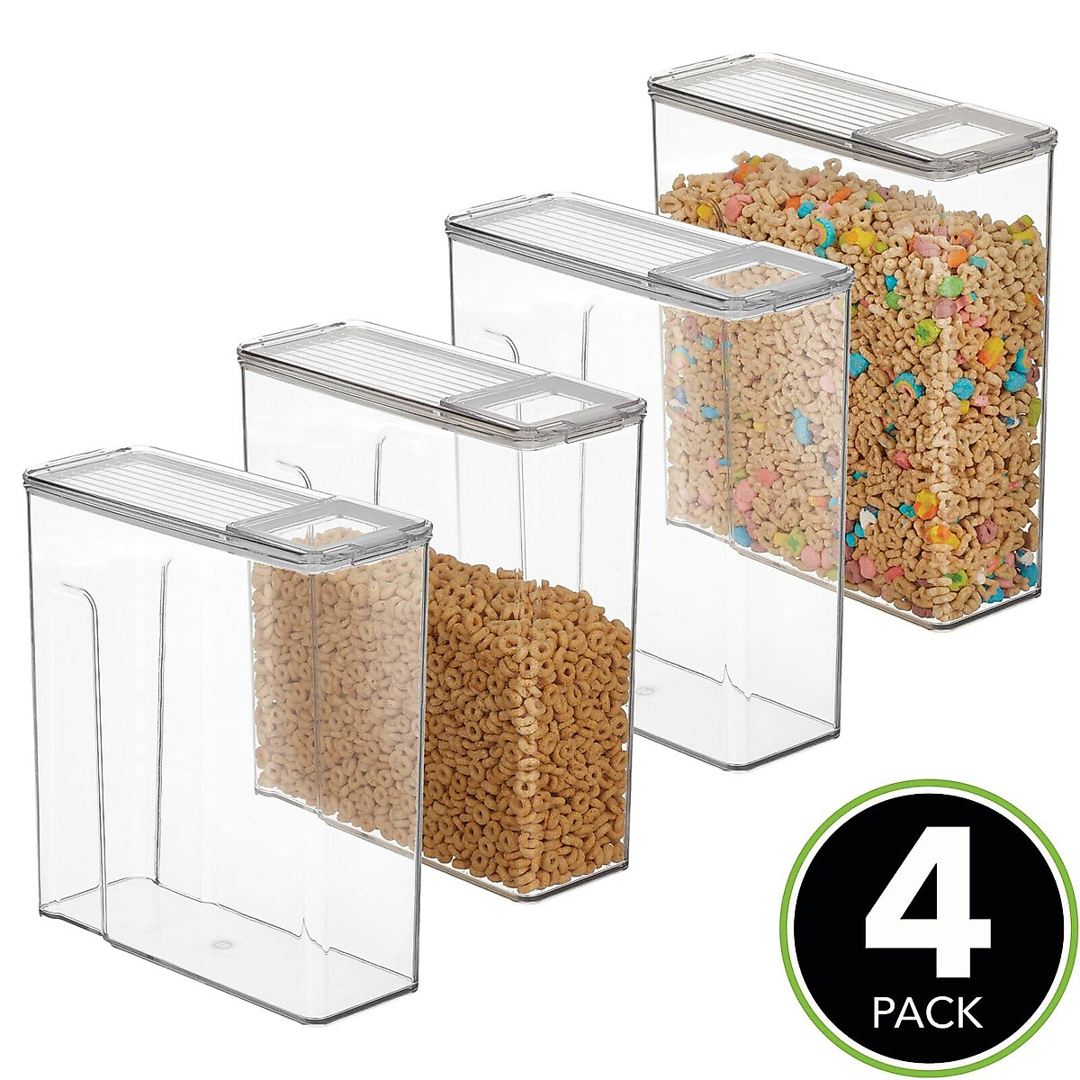 mDesign Airtight Plastic 4.8 Quart Food Storage Container with Lid for Kitchen, Pantry; Dispenser for Cereal, Holds 2 Regular Boxes or 1 Family Size Box; Pasta, Snacks; Ligne Collection, 4 Pack, Clear