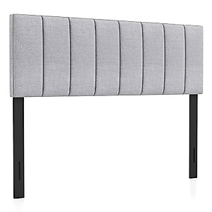 KOMFOTT Linen Upholstered Headboard for Full & Queen Size Bed, Vertical Channel Tufted Rectangular Headboard with Solid Wood Legs & Adjustable Width, Padded Bed Backboard, Easy Assembly (Gray)
