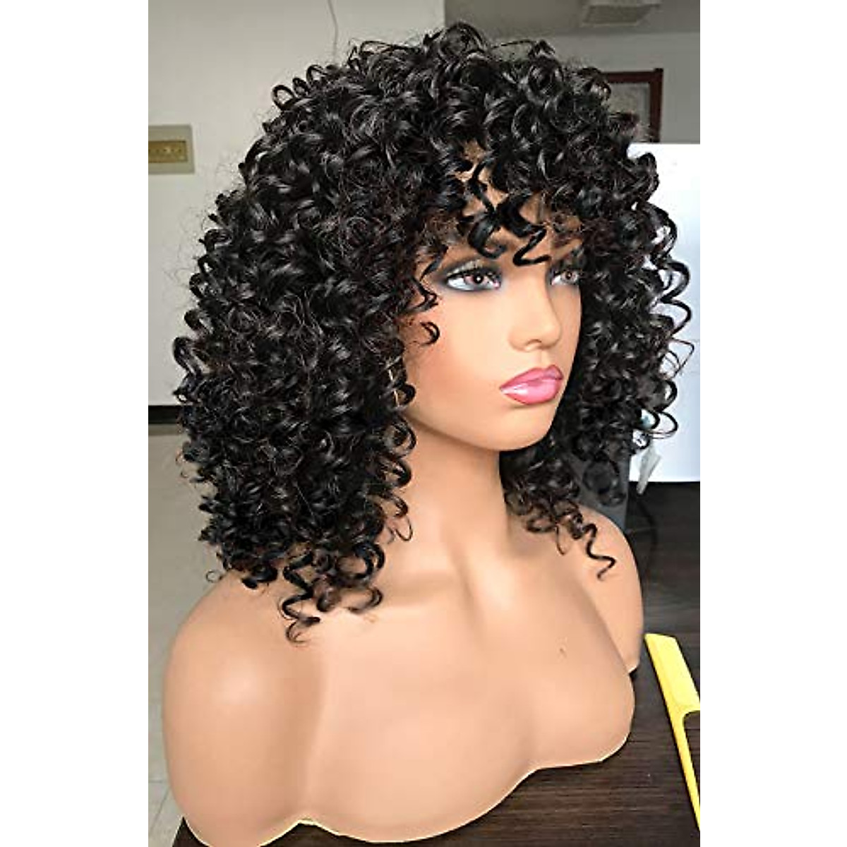 CiCi Short Curly Wigs For Black Women With Bangs Afro Short Kinky Curly Big Bouncy Hair Wig 12inch in Front 14 inch Back