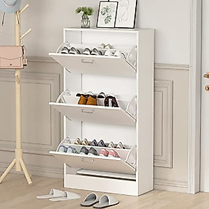 AGOTENI Shoe Cabinet with 3 Flip Drawers, Shoe Storage Organizer with 2-Tier Shelf, Freestanding Shoe Rack for Entryway Hallway, Living Room, White