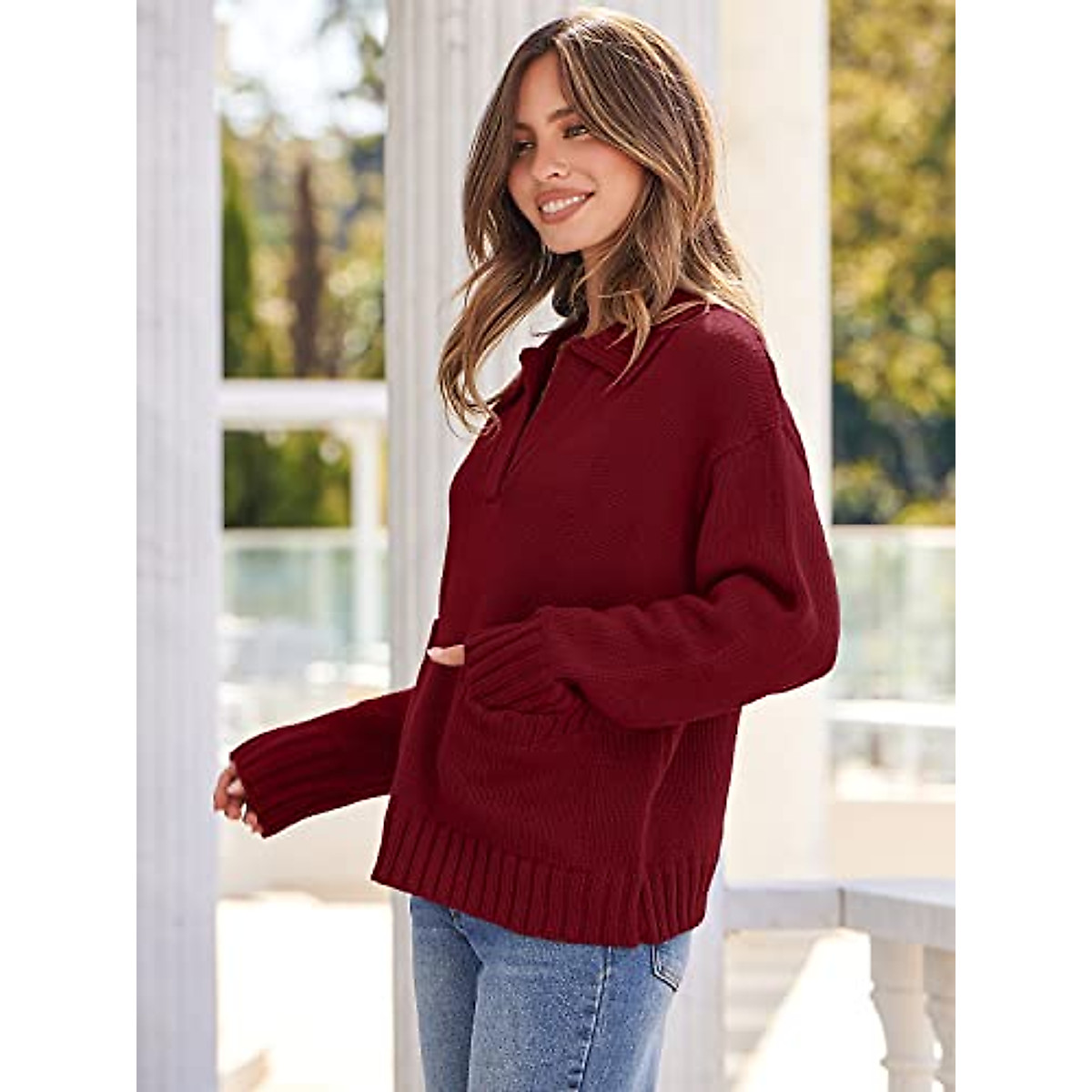 Caracilia V Neck Knit Sweater for Women Ribbed Hem Long Sleeve Pullover Loose Chunky Jumper Tops with Pocket C61A5-qianjiuhong-M Red Wine
