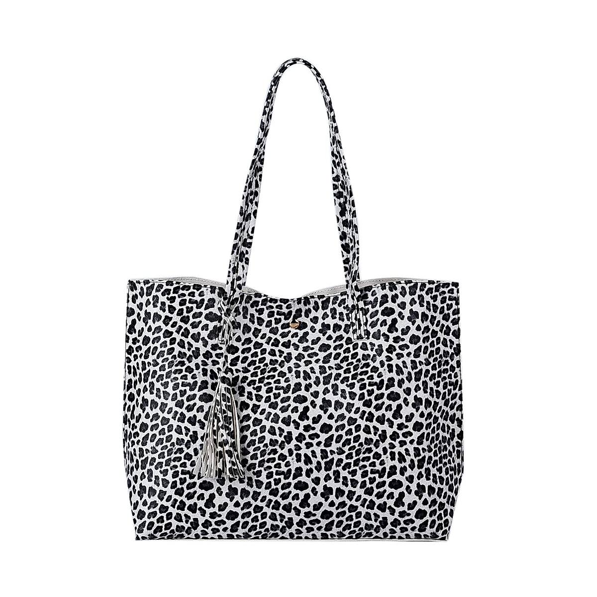 PASSAGE Women Black and White Leopard Pattern Print Soft Faux Leather Tote Shoulder Bag with Tassel Birthday Gifts